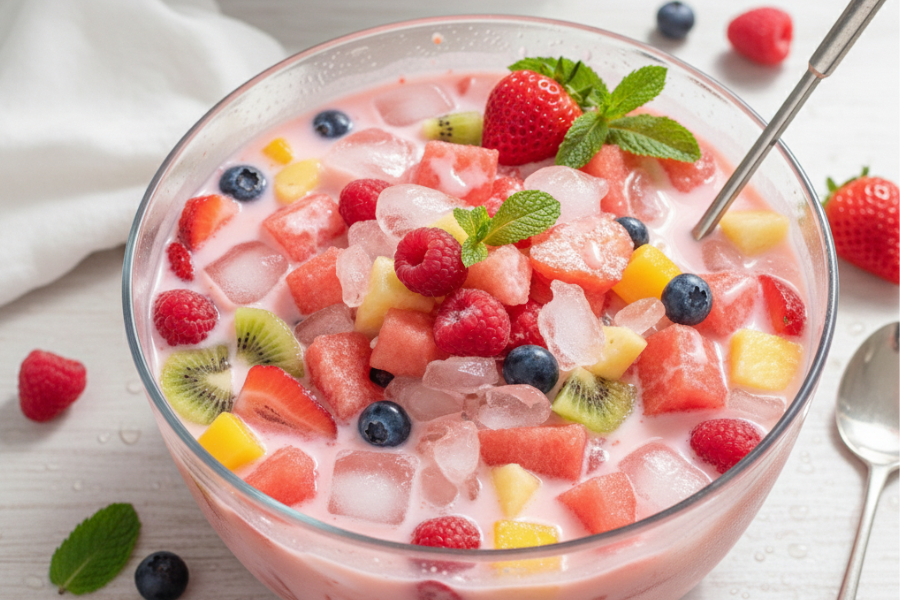Kombinasi buah-buahan, susu strawberi dan soda menggoda selera... Ini ...